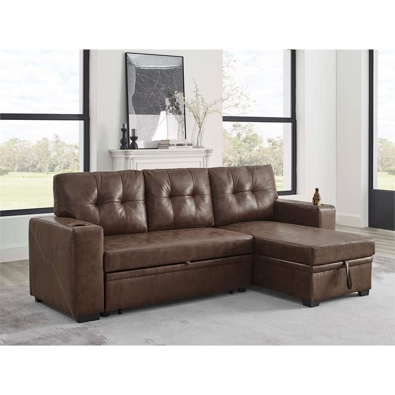 Pemberly Row 85" Wide Easy Pull Out Faux Leather Convertible Sectional Sofa with Cup Holders in Dark Brown