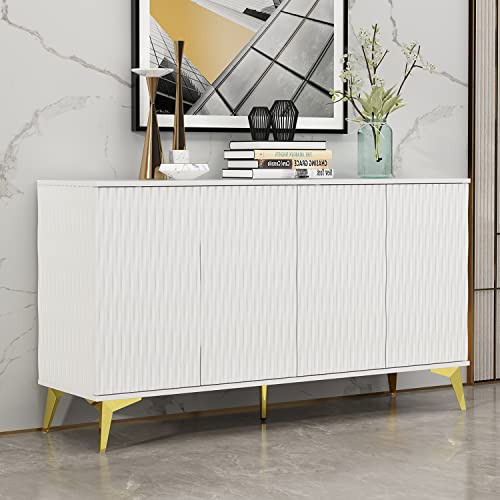 ECACAD Modern Sideboard Buffet Storage Cabinet with 4 Decorative Doors & Shelves, Kitchen Cupboard Console Cabinet with Metal Legs for Living Room, Entryway, White (55.2”L x 15.2”W x 30.8”H)