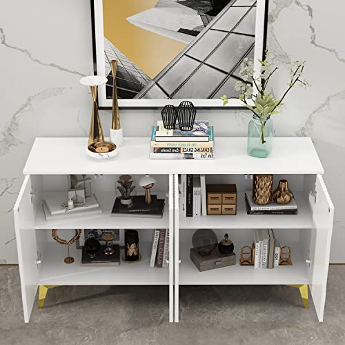 ECACAD Modern Sideboard Buffet Storage Cabinet with 4 Decorative Doors & Shelves, Kitchen Cupboard Console Cabinet with Metal Legs for Living Room, Entryway, White (55.2”L x 15.2”W x 30.8”H)