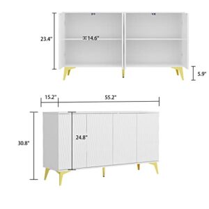 ECACAD Modern Sideboard Buffet Storage Cabinet with 4 Decorative Doors & Shelves, Kitchen Cupboard Console Cabinet with Metal Legs for Living Room, Entryway, White (55.2”L x 15.2”W x 30.8”H)