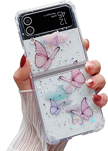 Shinymore Galaxy Z Flip 4 Clear Case, Cute Pretty Butterfly Glitter Shockproof Soft Flexible Rubber Girls Women Cover Case for Samsung Z Flip 4 (Pink)