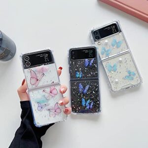 Shinymore Galaxy Z Flip 4 Clear Case, Cute Pretty Butterfly Glitter Shockproof Soft Flexible Rubber Girls Women Cover Case for Samsung Z Flip 4 (Pink)