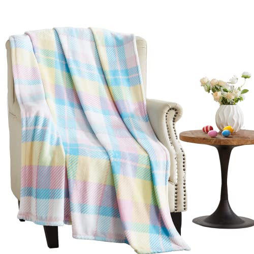 Pastel Plaid Summer Fleece Throw Blanket: Spring Colors in a Beautiful Plaid Design, Soft Cozy Velvet Colors of Pink Blue Yellow White, 50" x 60" Inch