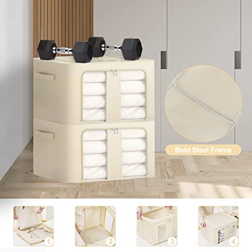 Elegeet 3Pack 66L Storage Bins with Metal Frame - Foldable Linen Fabric Storage Box With Handles And Transparent Window Closet Organizers And Storage(Light Beige