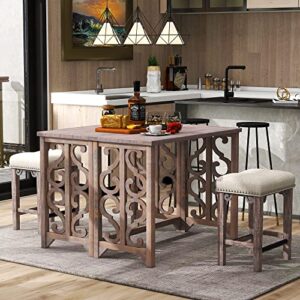 merax 3-piece retro solid wood counter height pub dining set with foldable table and 2 saddle stools for kitchen, small space, distressed brown_3pcs