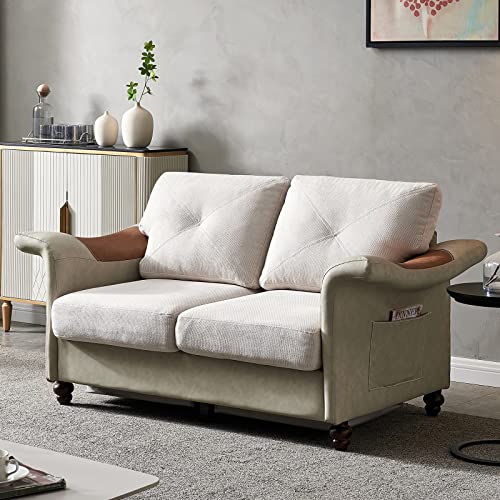 Dvasovio 61" Linen Fabric Sofa, 2 Seater Sofa with Leather Armrest, Wood Legs and Removable Storage Boxes, Linen Cream Sofa Couch for Living Room, Weight Load 800lbs, Beige