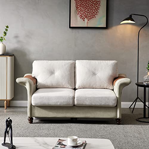 Dvasovio 61" Linen Fabric Sofa, 2 Seater Sofa with Leather Armrest, Wood Legs and Removable Storage Boxes, Linen Cream Sofa Couch for Living Room, Weight Load 800lbs, Beige