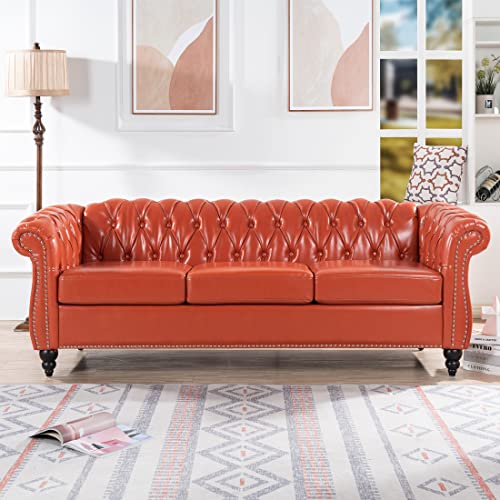 HoRunzelin Chesterfield Luxury PU Leather 3 Seater Sofa Couch,Classic Tufted Button and Nailhead Rolled Arm for Office Living Room,Orange