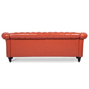 HoRunzelin Chesterfield Luxury PU Leather 3 Seater Sofa Couch,Classic Tufted Button and Nailhead Rolled Arm for Office Living Room,Orange