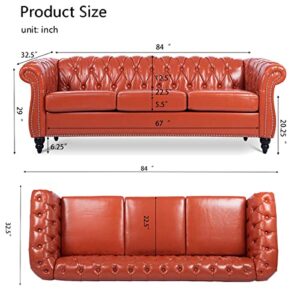 HoRunzelin Chesterfield Luxury PU Leather 3 Seater Sofa Couch,Classic Tufted Button and Nailhead Rolled Arm for Office Living Room,Orange