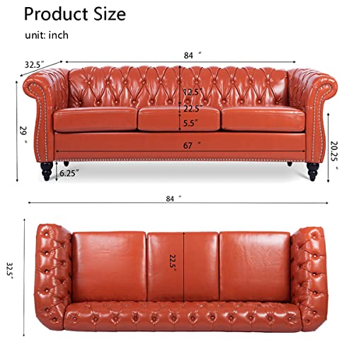 HoRunzelin Chesterfield Luxury PU Leather 3 Seater Sofa Couch,Classic Tufted Button and Nailhead Rolled Arm for Office Living Room,Orange