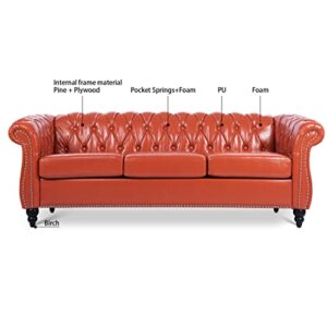 HoRunzelin Chesterfield Luxury PU Leather 3 Seater Sofa Couch,Classic Tufted Button and Nailhead Rolled Arm for Office Living Room,Orange