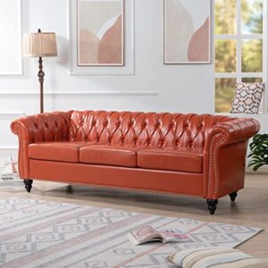 HoRunzelin Chesterfield Luxury PU Leather 3 Seater Sofa Couch,Classic Tufted Button and Nailhead Rolled Arm for Office Living Room,Orange