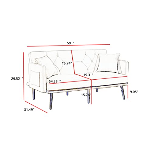 Yuxuanhang Velvet Tufted Sofa Couch with 2 Pillows, Convertible Modern Sofa Bed with Metal Legs and Adjustable Backrest for Small Space, Living Room, Dorm (White)