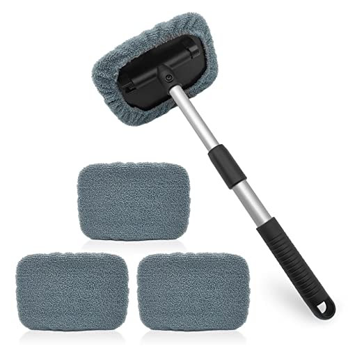 Windshield Cleaning Tool, Auto Window Cleaner, Extendable Detachable Handle with 4 Reusable and Washable Microfiber Pads, Car & Home Inside Exterior Use