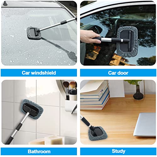 Windshield Cleaning Tool, Auto Window Cleaner, Extendable Detachable Handle with 4 Reusable and Washable Microfiber Pads, Car & Home Inside Exterior Use