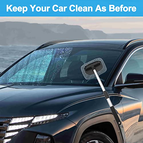 Windshield Cleaning Tool, Auto Window Cleaner, Extendable Detachable Handle with 4 Reusable and Washable Microfiber Pads, Car & Home Inside Exterior Use