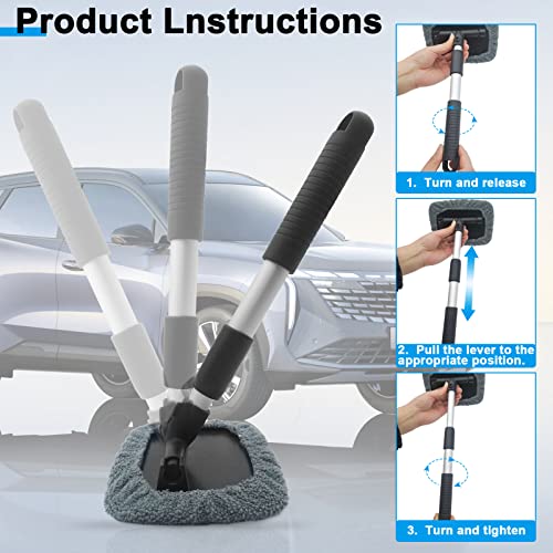 Windshield Cleaning Tool, Auto Window Cleaner, Extendable Detachable Handle with 4 Reusable and Washable Microfiber Pads, Car & Home Inside Exterior Use