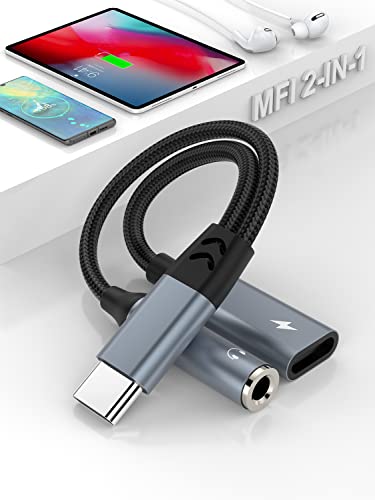 Opluz USB Type C to 3.5mm Headphone and Charger Adapter,2-in-1 USB-C to Aux Audio Jack Hi-Res DAC and Fast Charging Dongle Cable New Version