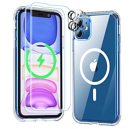 jaroco Strong Magnetic Clear for iPhone 11 Case[Compatible with Magsafe][Non Yellowing][2 Pcs Glass Screen Protector+Camera Lens Protector]Shockproof Slim Thin Magnetic Case Phone Case Cover 6.1-Clear