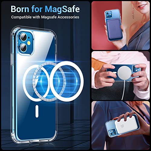 jaroco Strong Magnetic Clear for iPhone 11 Case[Compatible with Magsafe][Non Yellowing][2 Pcs Glass Screen Protector+Camera Lens Protector]Shockproof Slim Thin Magnetic Case Phone Case Cover 6.1-Clear