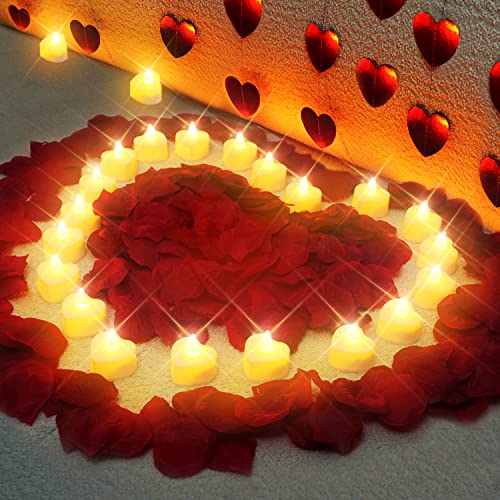 Homemory 24pcs LED Tea Lights Candles Battery Operated Romantic Heart Candles with 1000pcs Fake Red Rose Petals & 5pcs Heart Garland Banner for Valentine's Day Wedding Proposal Decorations Anniversary