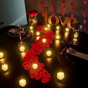 Homemory 24pcs LED Tea Lights Candles Battery Operated Romantic Heart Candles with 1000pcs Fake Red Rose Petals & 5pcs Heart Garland Banner for Valentine's Day Wedding Proposal Decorations Anniversary