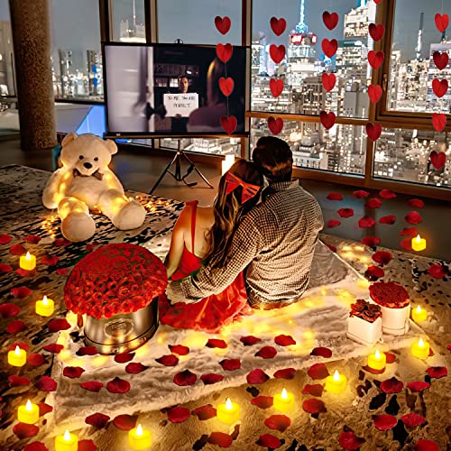 Homemory 24pcs LED Tea Lights Candles Battery Operated Romantic Heart Candles with 1000pcs Fake Red Rose Petals & 5pcs Heart Garland Banner for Valentine's Day Wedding Proposal Decorations Anniversary