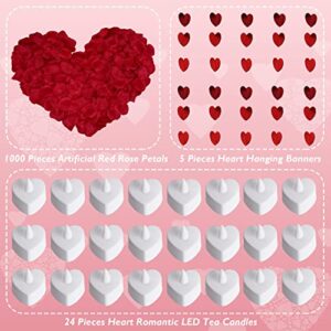 Homemory 24pcs LED Tea Lights Candles Battery Operated Romantic Heart Candles with 1000pcs Fake Red Rose Petals & 5pcs Heart Garland Banner for Valentine's Day Wedding Proposal Decorations Anniversary