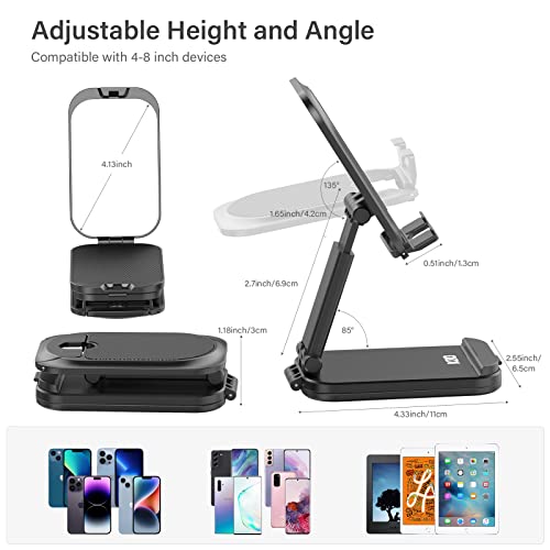 Foldable Cell Phone Stand for Desk , with Makeup Mirror 2 in 1 Phone Holder Adjustable Angle Height Cellphone Cradle Desktop Dock Compatible for iPhone 14 Pro Max 13 Mini 12 XR 11, 4-8'' Smartphone