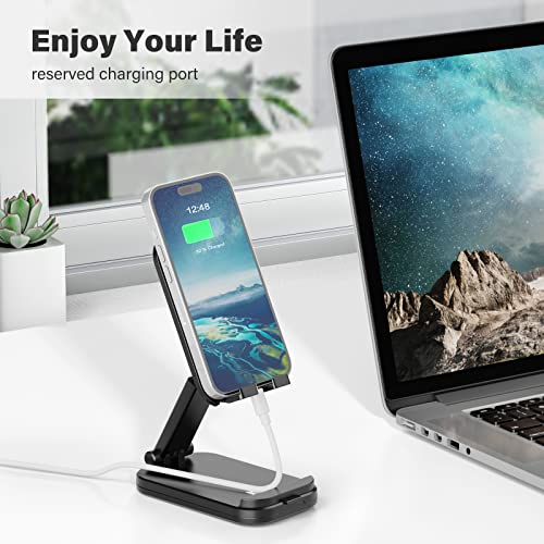 Foldable Cell Phone Stand for Desk , with Makeup Mirror 2 in 1 Phone Holder Adjustable Angle Height Cellphone Cradle Desktop Dock Compatible for iPhone 14 Pro Max 13 Mini 12 XR 11, 4-8'' Smartphone