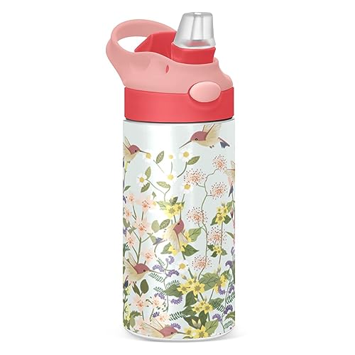 Kigai Hummingbirds Kids Water Bottle, Insulated Stainless Steel Water Bottles with Straw Lid, 12 oz BPA-Free Leakproof Duck Mouth Thermos for Boys Girls