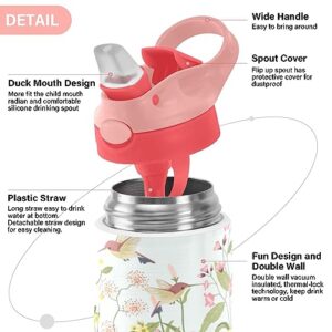 Kigai Hummingbirds Kids Water Bottle, Insulated Stainless Steel Water Bottles with Straw Lid, 12 oz BPA-Free Leakproof Duck Mouth Thermos for Boys Girls