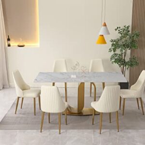 HomSof Contemporary Dining Table Set Sintered Stone Top and U Shape Pedestal Base Finish with 6 pcs Chairs, 7 Pieces, White+Gold