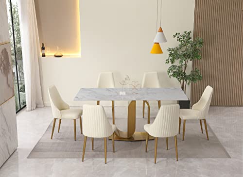 HomSof Contemporary Dining Table Set Sintered Stone Top and U Shape Pedestal Base Finish with 6 pcs Chairs, 7 Pieces, White+Gold