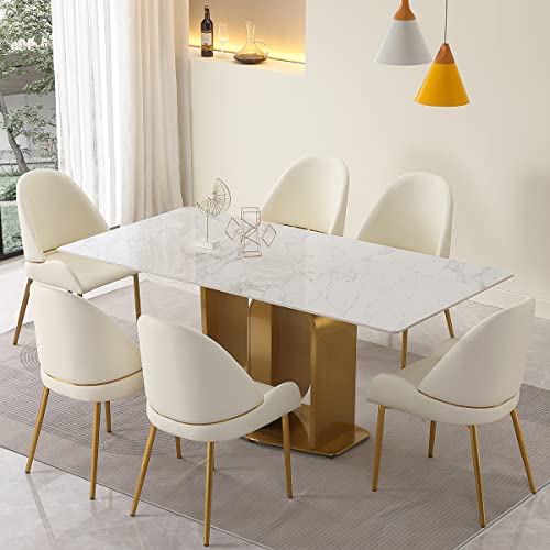 HomSof Contemporary Dining Table Set Sintered Stone Top and U Shape Pedestal Base Finish with 6 pcs Chairs, 7 Pieces, White+Gold