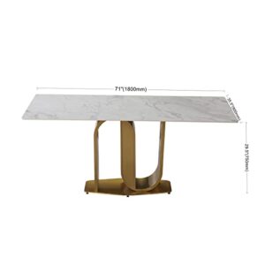 HomSof Contemporary Dining Table Set Sintered Stone Top and U Shape Pedestal Base Finish with 6 pcs Chairs, 7 Pieces, White+Gold