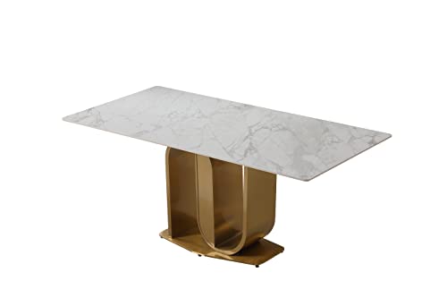 HomSof Contemporary Dining Table Set Sintered Stone Top and U Shape Pedestal Base Finish with 6 pcs Chairs, 7 Pieces, White+Gold