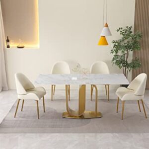 HomSof Contemporary Dining Table Set Sintered Stone Top and U Shape Pedestal Base Finish with 6 pcs Chairs, 7 Pieces, White+Gold