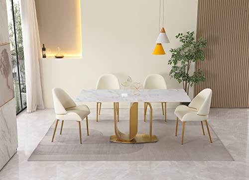 HomSof Contemporary Dining Table Set Sintered Stone Top and U Shape Pedestal Base Finish with 6 pcs Chairs, 7 Pieces, White+Gold