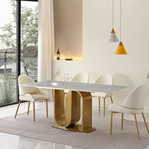 HomSof Contemporary Dining Table Set Sintered Stone Top and U Shape Pedestal Base Finish with 6 pcs Chairs, 7 Pieces, White+Gold