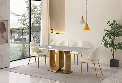 HomSof Contemporary Dining Table Set Sintered Stone Top and U Shape Pedestal Base Finish with 6 pcs Chairs, 7 Pieces, White+Gold