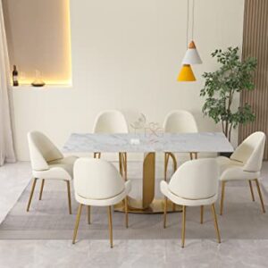 HomSof Contemporary Dining Table Set Sintered Stone Top and U Shape Pedestal Base Finish with 6 pcs Chairs, 7 Pieces, White+Gold