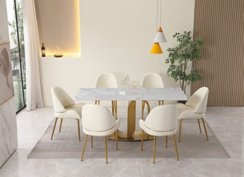 HomSof Contemporary Dining Table Set Sintered Stone Top and U Shape Pedestal Base Finish with 6 pcs Chairs, 7 Pieces, White+Gold