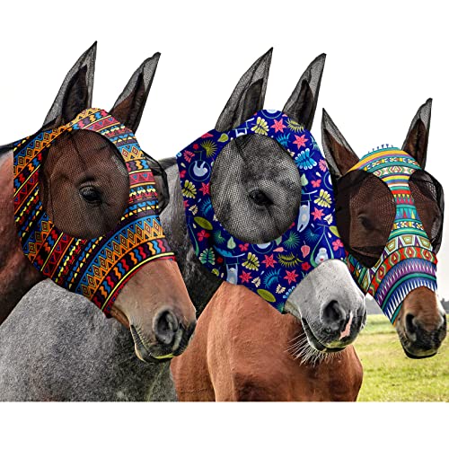 3 Pieces Horse Fly Mask with Ears Sun Protection Smooth and Elasticity Horse Mask for Horses (M)