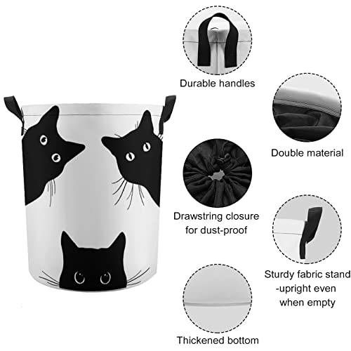 Laundry Hamper Curious Black Cat Fabric Storage Basket Round Collapsible Lovely Cats Laundry Baskets with Drawstring Closure for Bedroom Living Room Bathroom