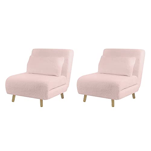 GIA Tri-Fold Convertible Sherpa Sofa Bed Chair with Removable Pillow and Legs, Set of 2, Pink