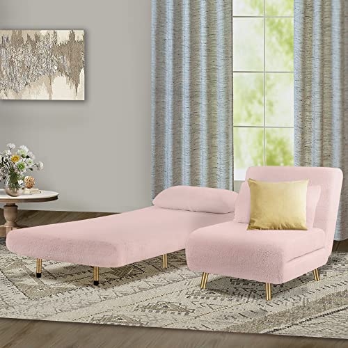 GIA Tri-Fold Convertible Sherpa Sofa Bed Chair with Removable Pillow and Legs, Set of 2, Pink