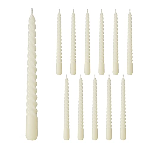 12 Piece Creamy White Twist Taper Candles, 2 Boxed Sets of 6, 4 Hours Burn Time, Paraffin Wax, 7.75 Inches