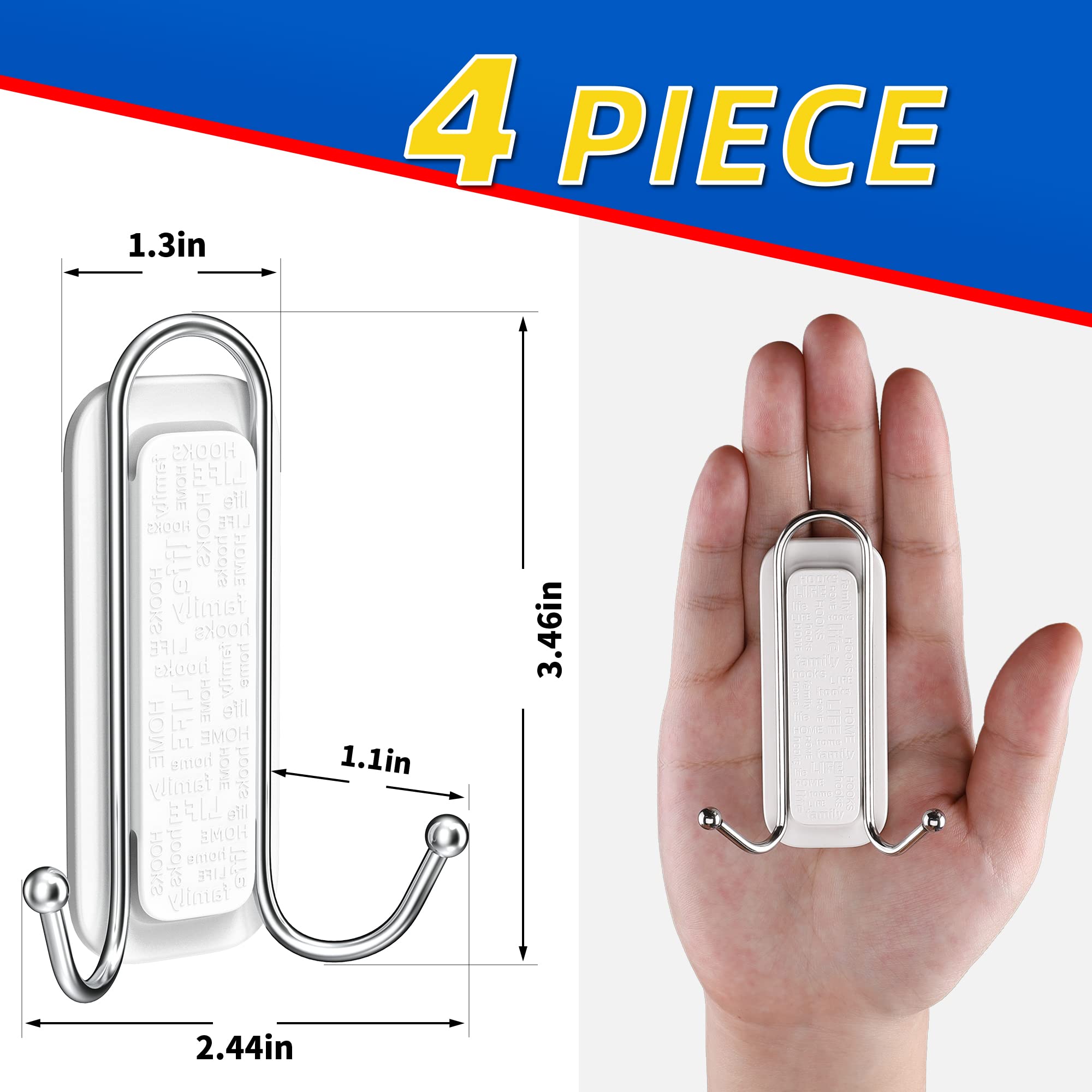 ALOCEO Over The Door Hooks,4 Pack Double Adhesive Wall Hooks for Hanging Coat Robe Towel Hooks,Door Hanger Hook for Bathroom and Kitchen with 5 Strips,White